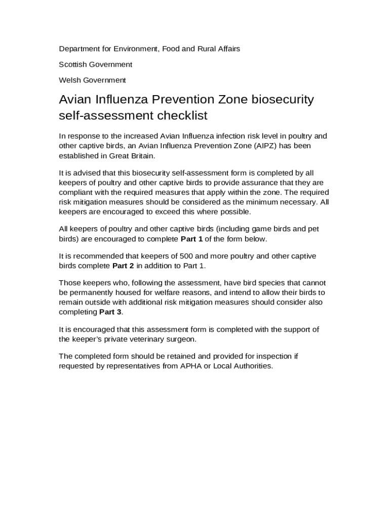 Avian Influenza Prevention Zone biosecurity self-assessment checklist ...