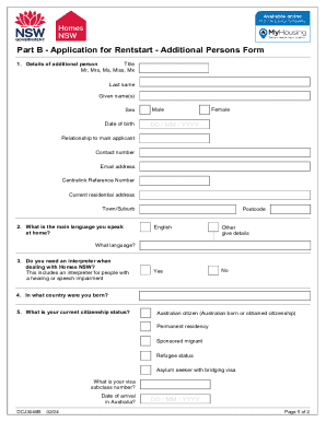 Fillable Online Part B - Application for Rentstart - Additional Persons ...