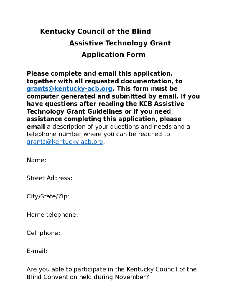 KCB Assistive Technology Grant Application Doc Template | pdfFiller