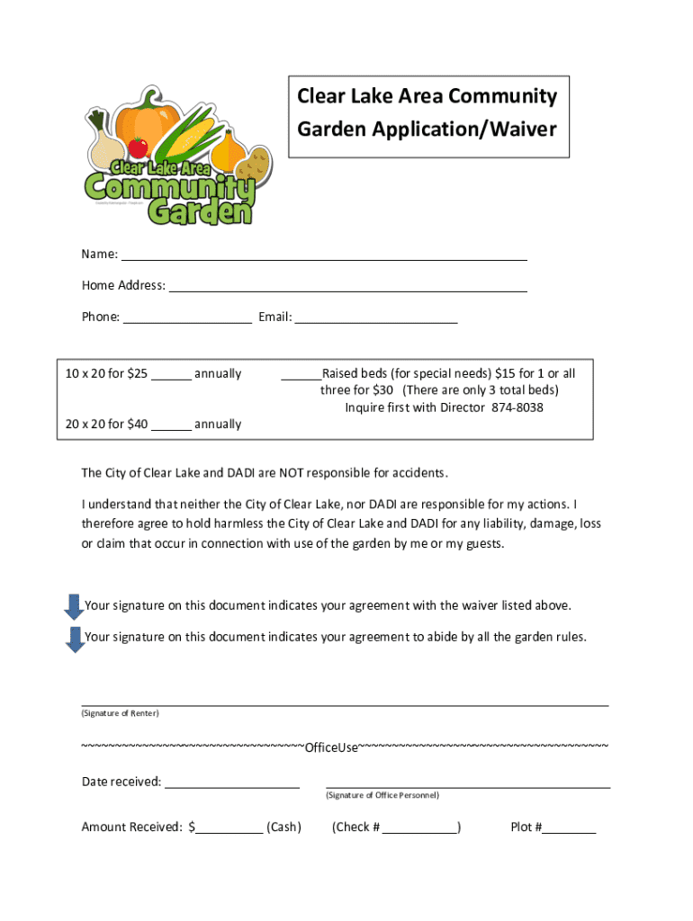 Fillable Online Clear Lake Area Community Garden Application/Waiver Fax ...
