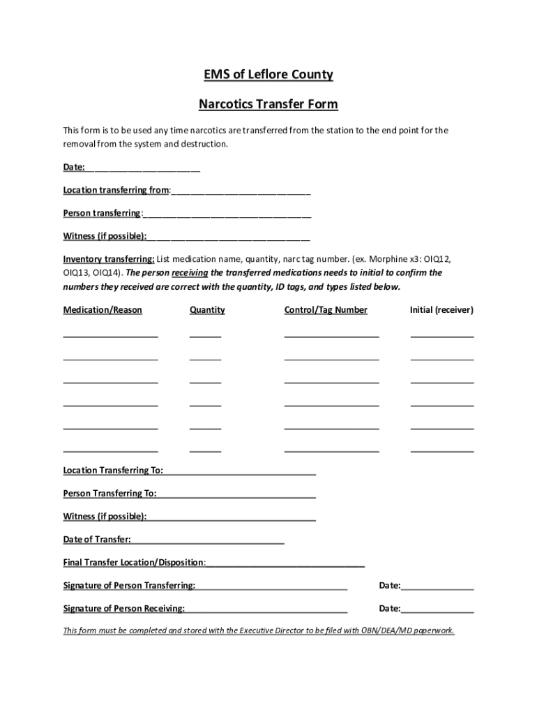 Fillable Online EMS of Leflore County Narcotics Transfer Form Fax Email ...