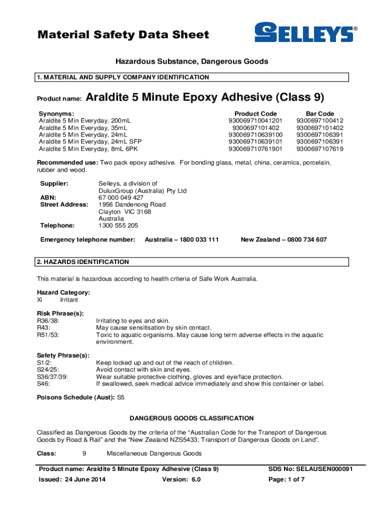 Fillable Online Material Safety Data Sheet Product name: Araldite 5 ...