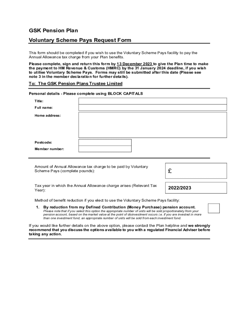 Fillable Online GSK Pension Plan Voluntary Scheme Pays Request Form Fax ...