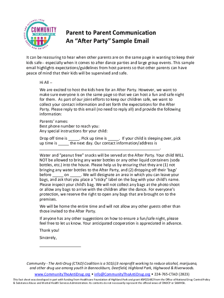 Fillable Online Parent to Parent Communication An After Party Sample ...