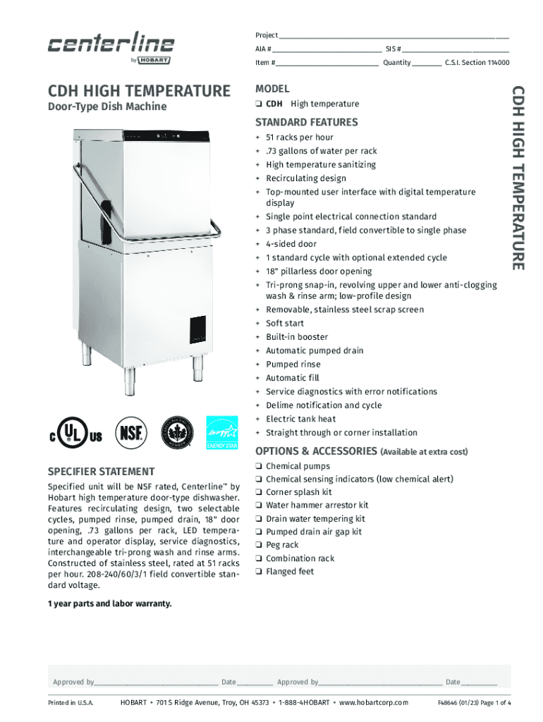 Fillable Online CDH Door Type Dishwasher Spec Sheet ... Fax Email Print ...