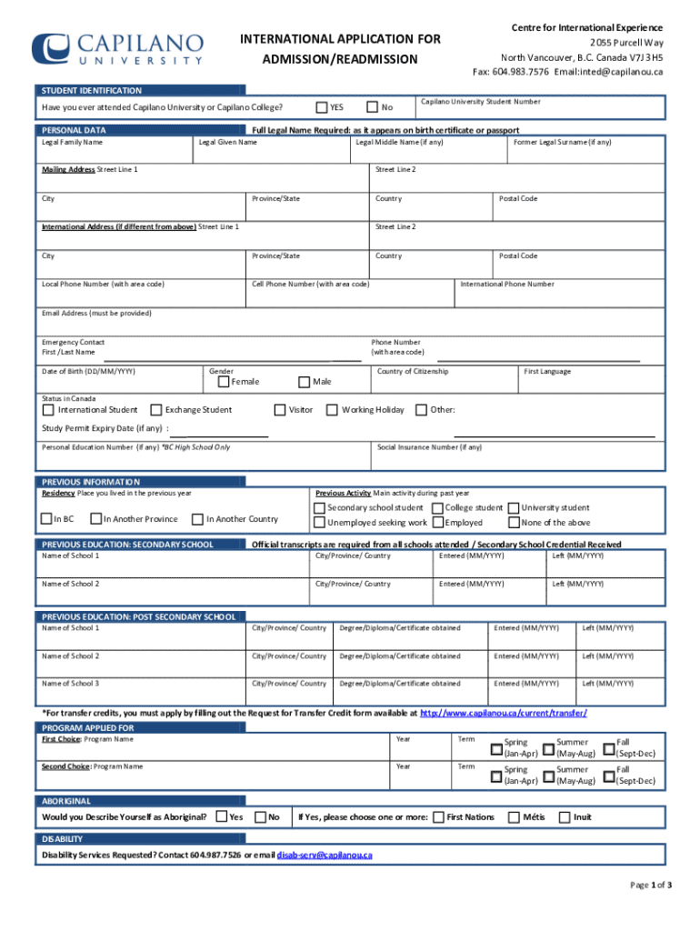 Fillable Online Capilano University Centre for International Experience (CIE) Fax Email Print ...