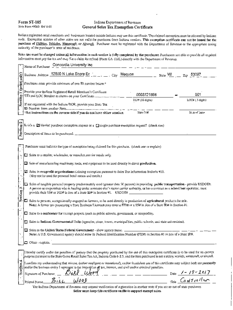 Fillable Online falcon cuw Indiana Nonprofit Sales Tax Exemption ...