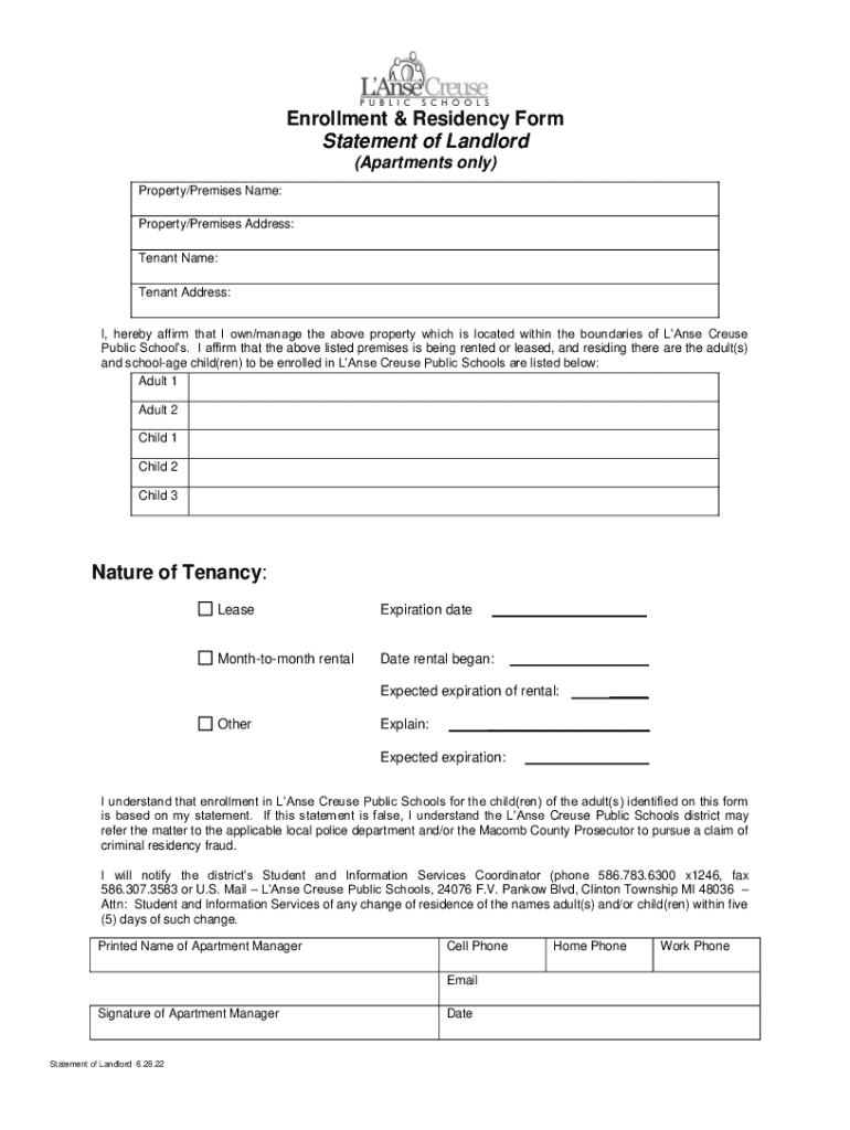 Fillable Online Enrollment & Residency Form Statement of Landlord Fax Email Print - pdfFiller