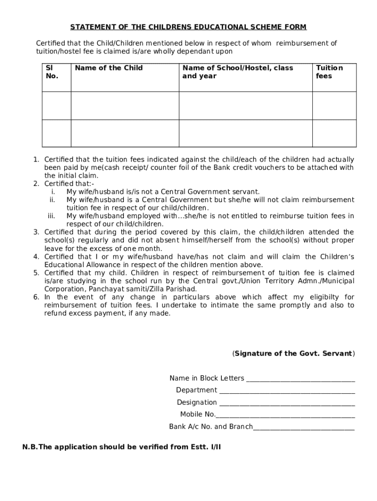 for Reimbursement of Children Education Allowance. ... - nehu ac Doc Template | pdfFiller