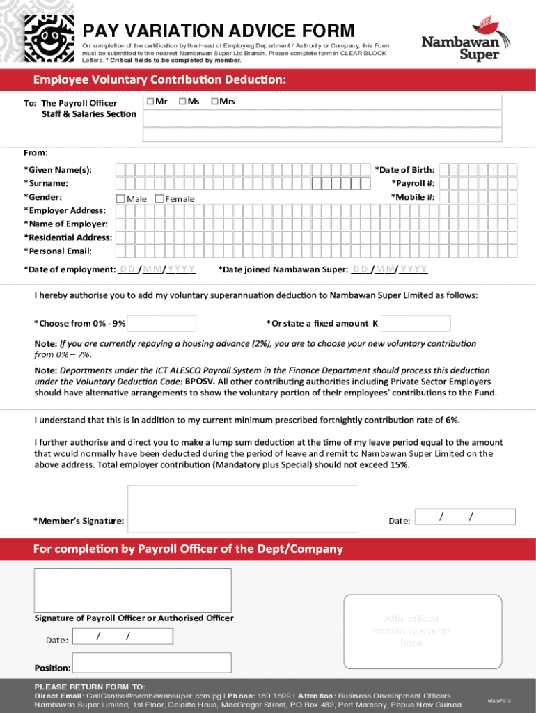Fillable Online Fillable Online PAY VARIATION ADVICE FORM Fax Email Print - pdfFiller