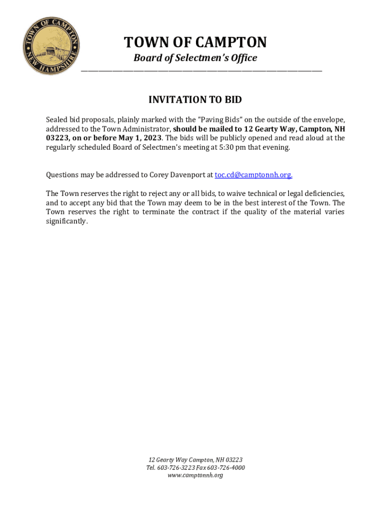 Fillable Online Sealed bid proposals, plainly marked with the "Paving ...