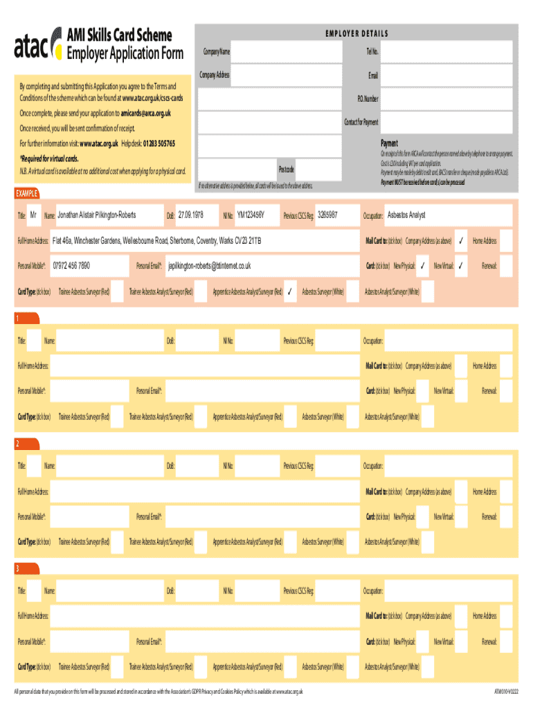 Fillable Online AMI Skills Card Scheme Employer Application Form Fax ...
