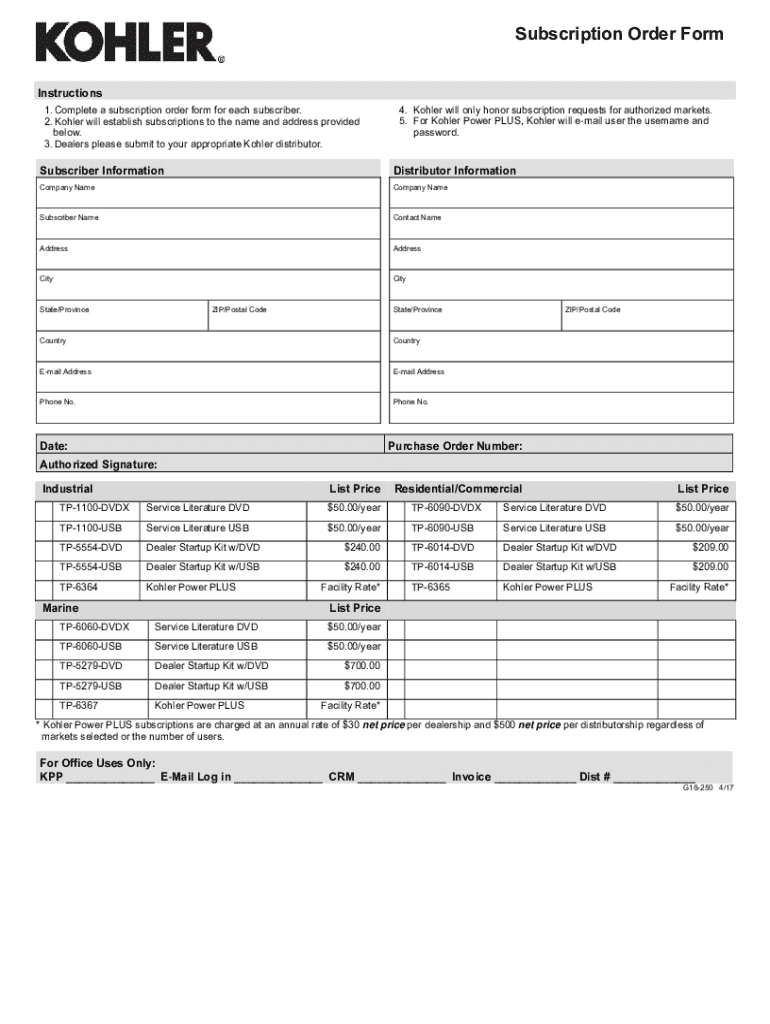 Fillable Online Kohler Direct Dealer Program Information Form Fax Email ...