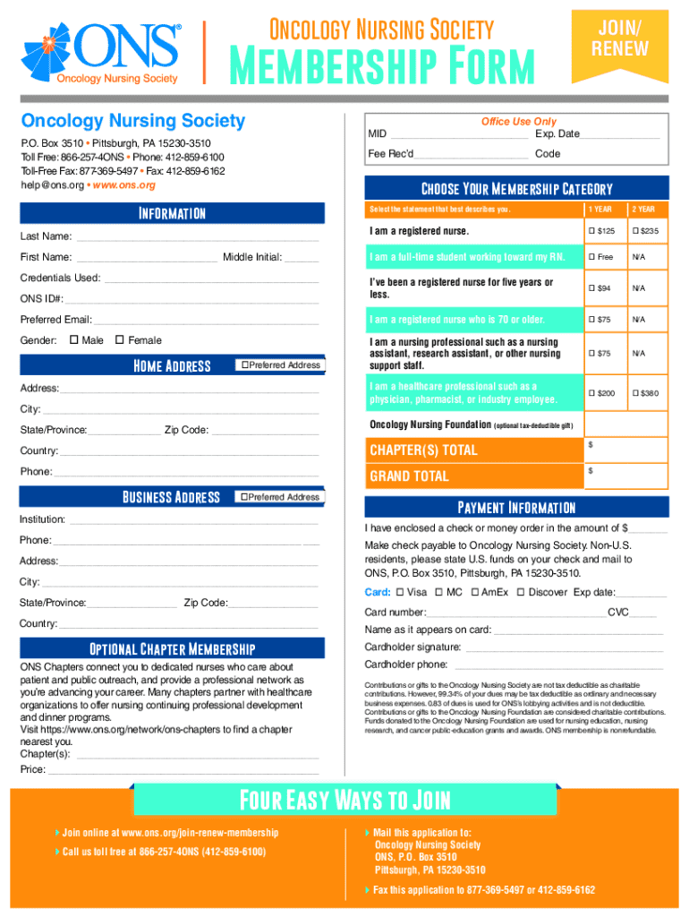 Fillable Online ONS MembershipBe Part of the Transformation ... Fax ...