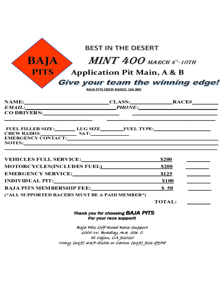 Fillable Online Baja Pits hosting 12 pit locations! Give your team the ...