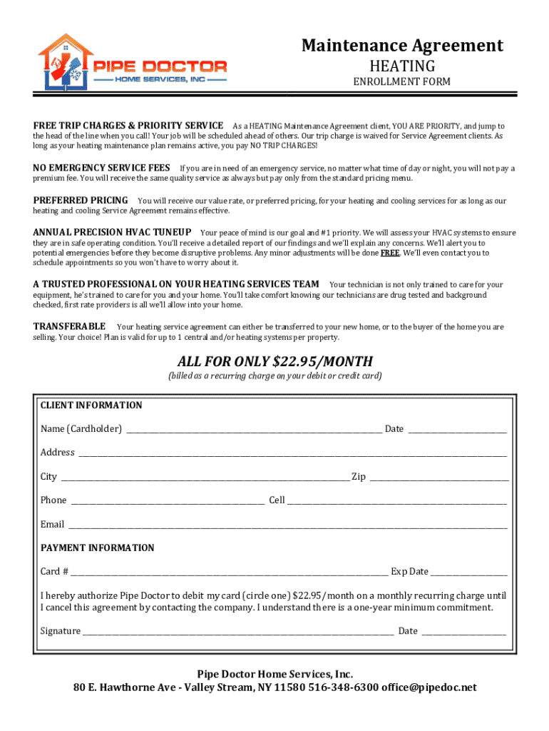 Fillable Online HVAC Service Maintenance Agreement Forms Fax Email ...