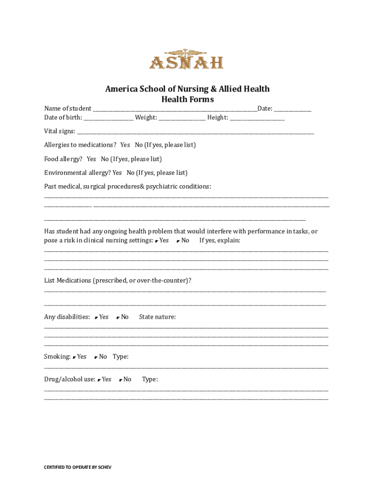 Fillable Online America School of Nursing & Allied Health Health Forms ...