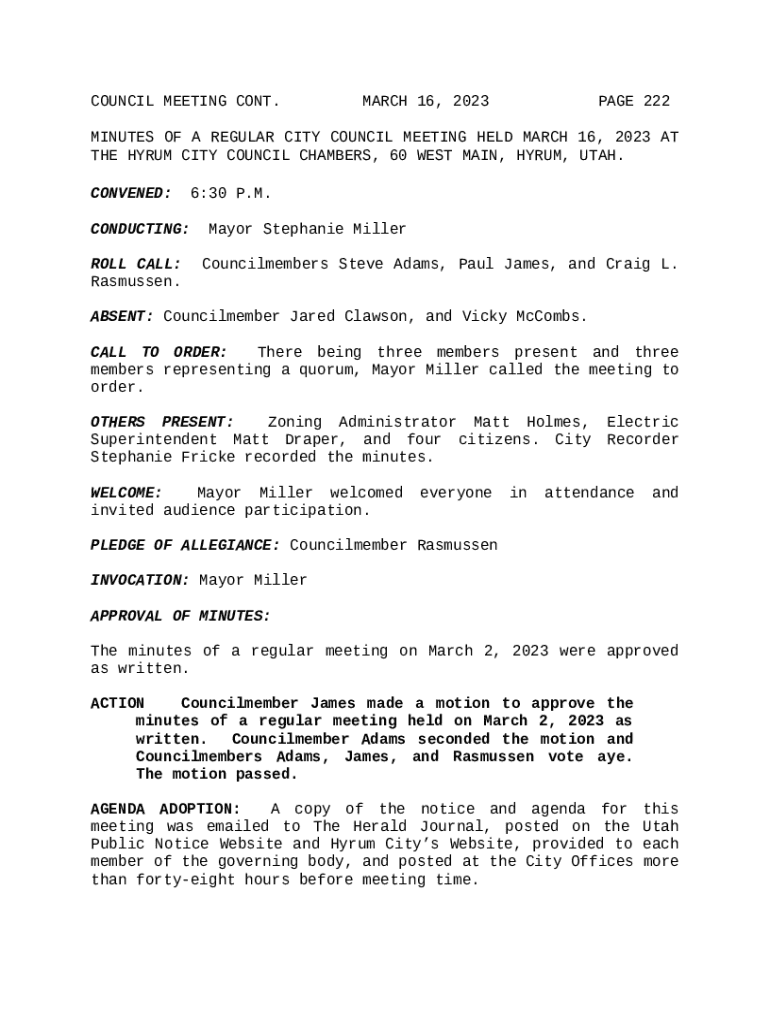 ROLL CALL:Councilmembers Steve Adams, Paul James, and Craig L Doc Template | pdfFiller
