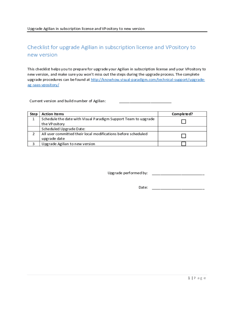 Fillable Online Checklist for upgrade Agilian in subscription license ...