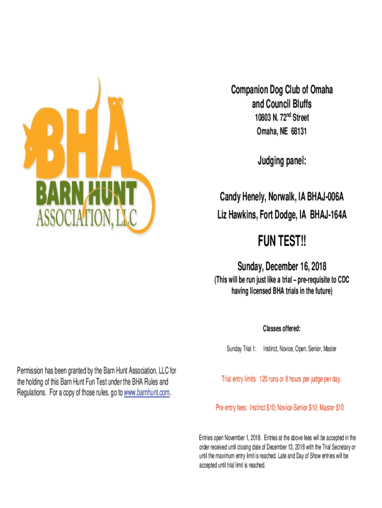 Fillable Online barn hunt clinic with bha judges liz hawkins and candy ... Fax Email Print ...