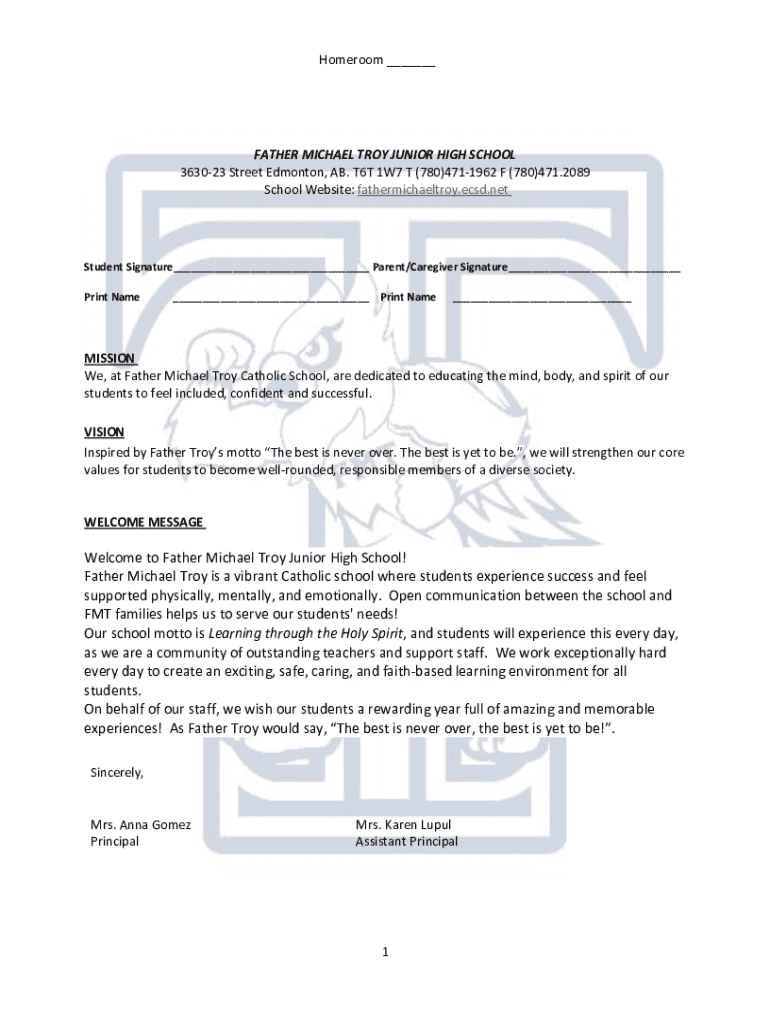 Fillable Online Welcome to Father Michael Troy Junior High School ...