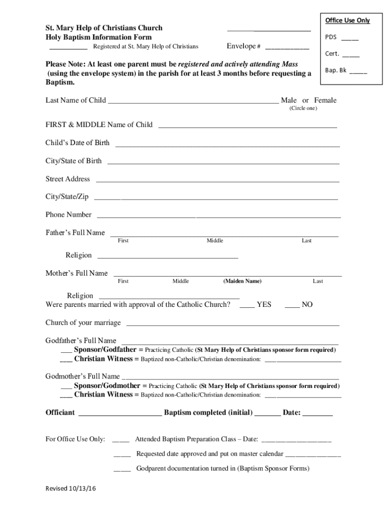 Fillable Online Holy Baptism Information Form Please Note: At least one ...
