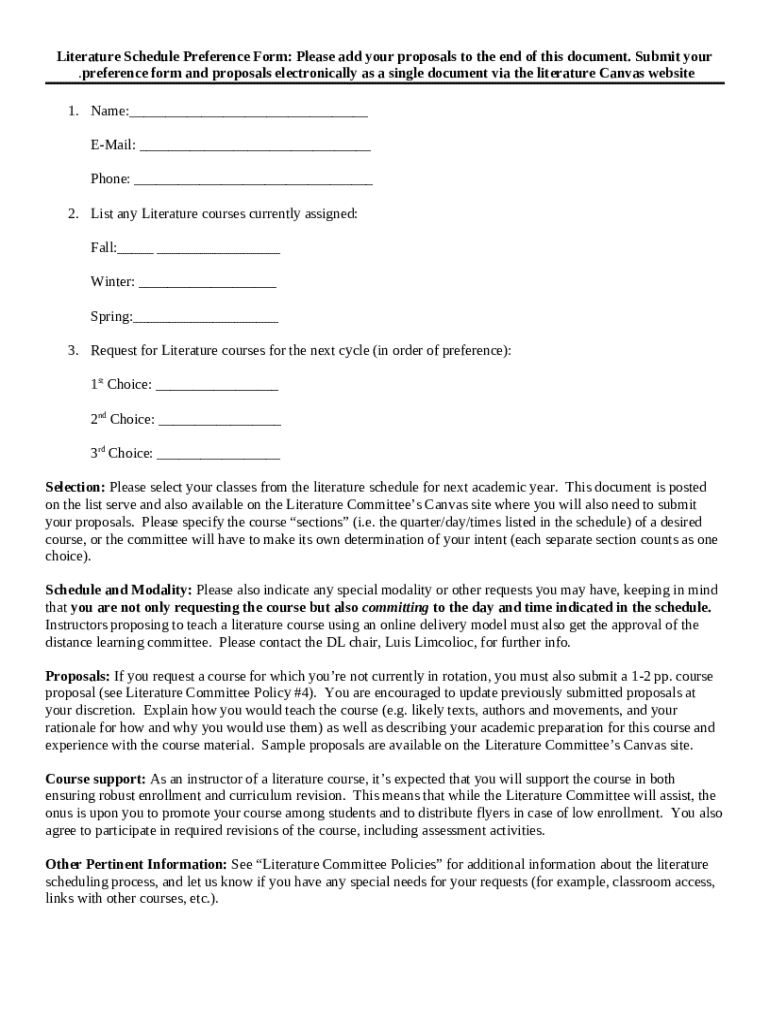 Literature Schedule Preference : Return to Jill Quigley ... Doc Template | pdfFiller