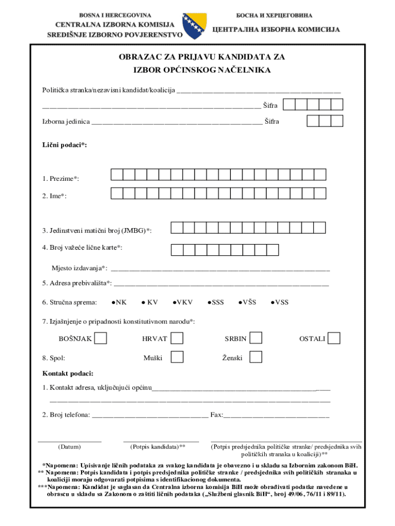 Fillable Online OBRAZAC ZA PRIJAVU KANDIDATA ZA Fax Email Print - pdfFiller
