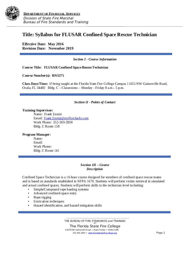 Syllabus for FLUSAR Confined Space Rescue Technician Doc Template ...