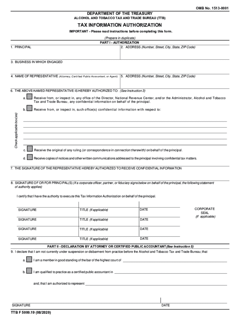 Fillable Online TTB F 5000.19 TAX INFORMATION AUTHORIZATION Fax Email Print - pdfFiller