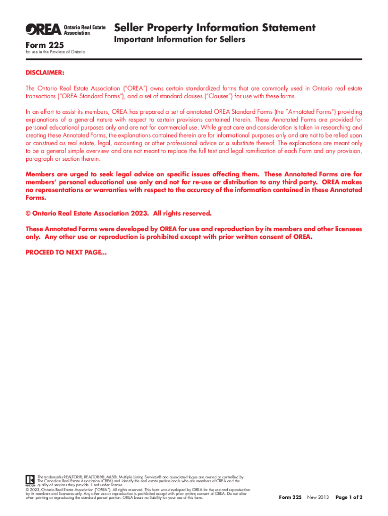 Fillable Online Form 225, Seller Property Information Statement Blank ...