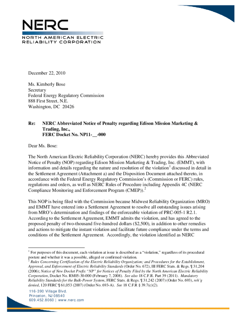 Fillable Online Ms. Kimberly D. Bose, Secretary Federal Energy ... Fax Email Print - pdfFiller