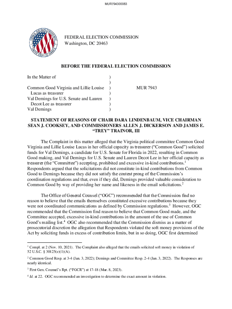 Fillable Online Statement of Reasons, MUR 7943 Fax Email Print - pdfFiller