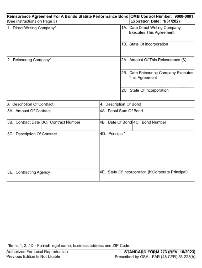 Fillable Online Standard Form 273 - Reinsurance Agreement for a Bonds ...