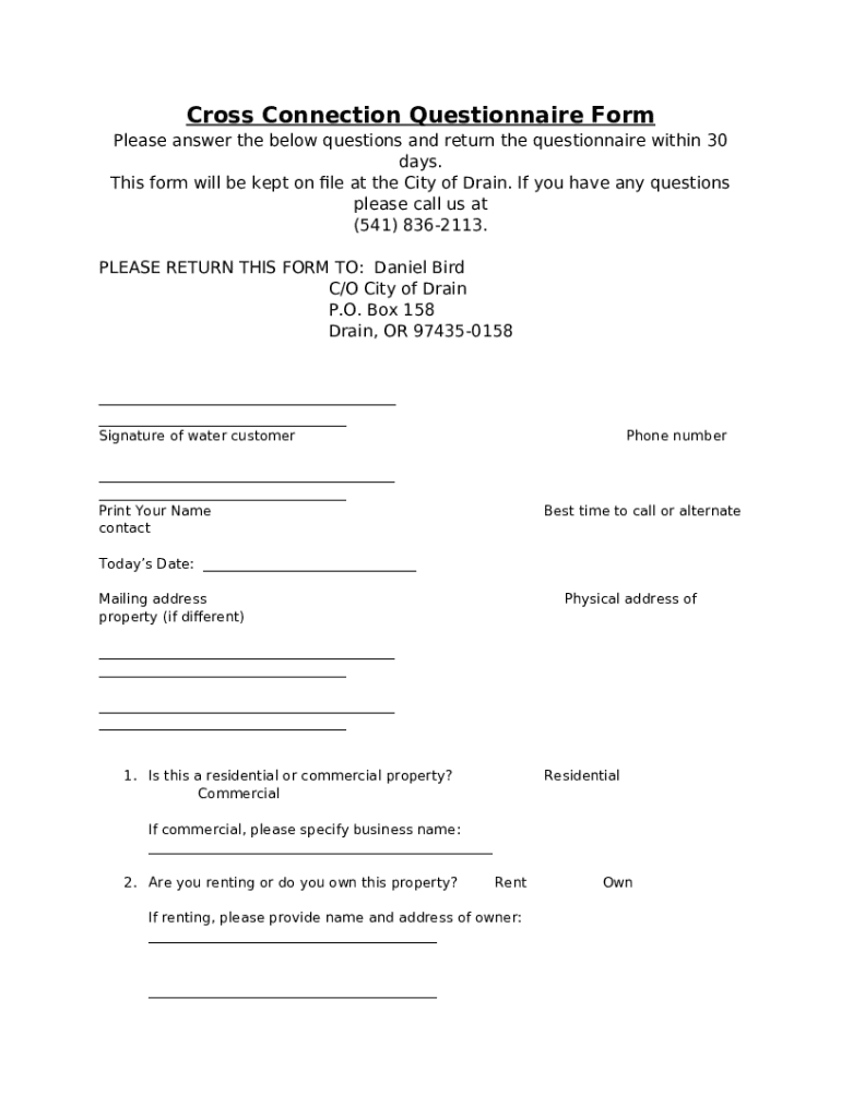 Cross Connection Questionnaire - City of Dover, Idaho Doc Template ...