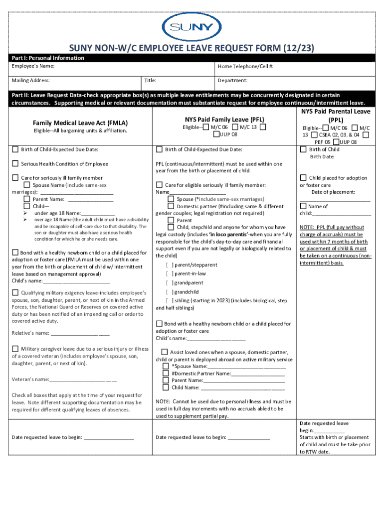Fillable Online SUNY NON-W/C EMPLOYEE LEAVE REQUEST FORM ( ... Fax ...
