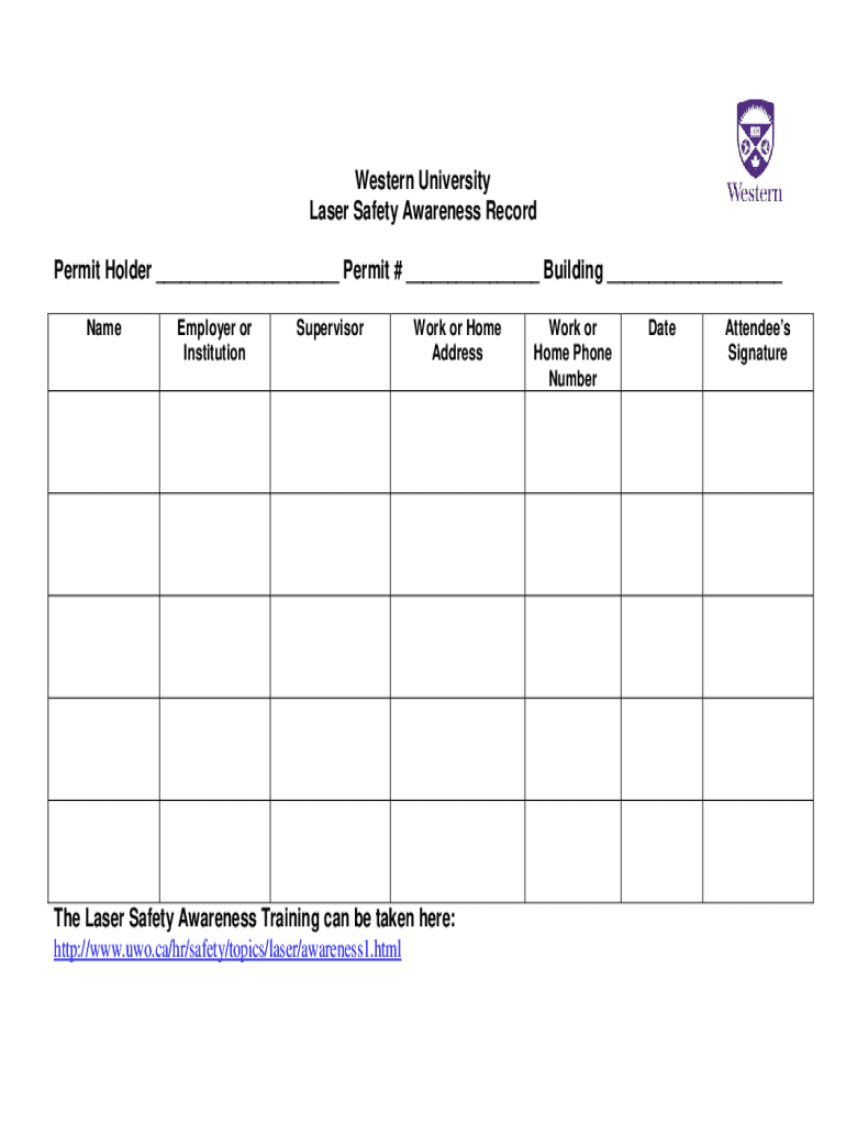 Fillable Online Western University Laser Safety Awareness Record Fax ...