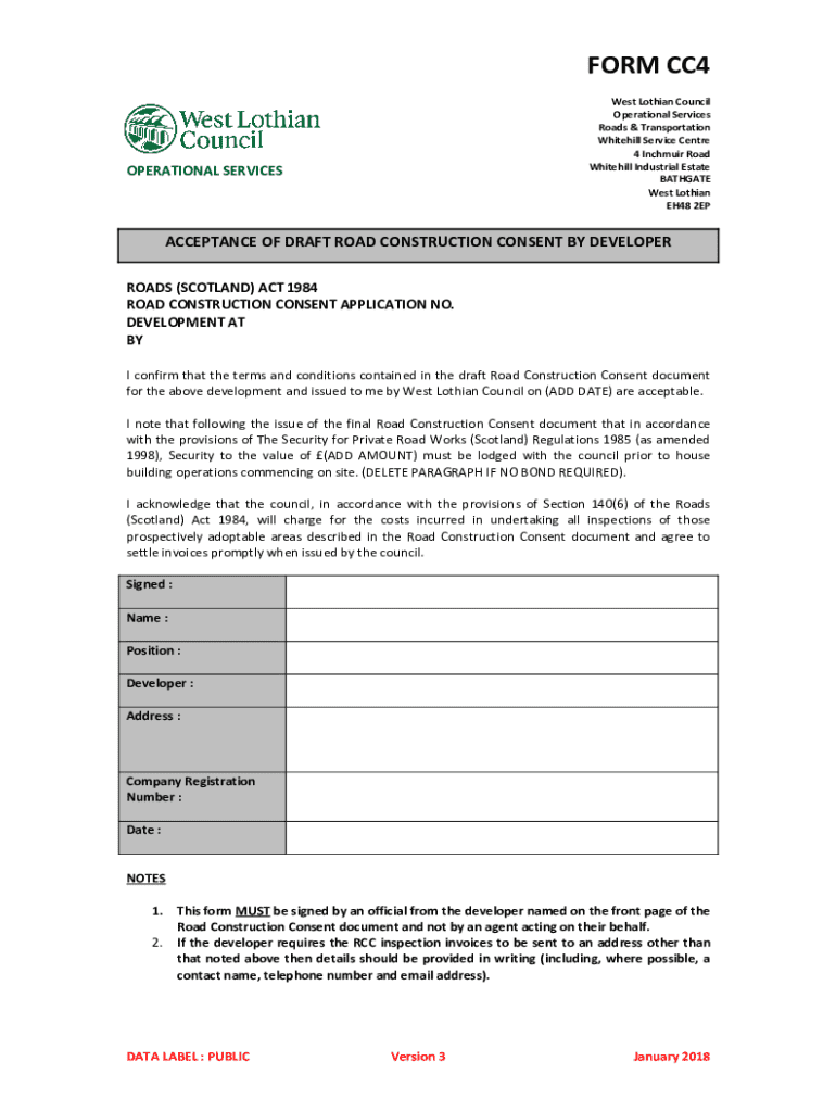 Fillable Online FORM CC4 - Acceptance of Draft Road Construction ...