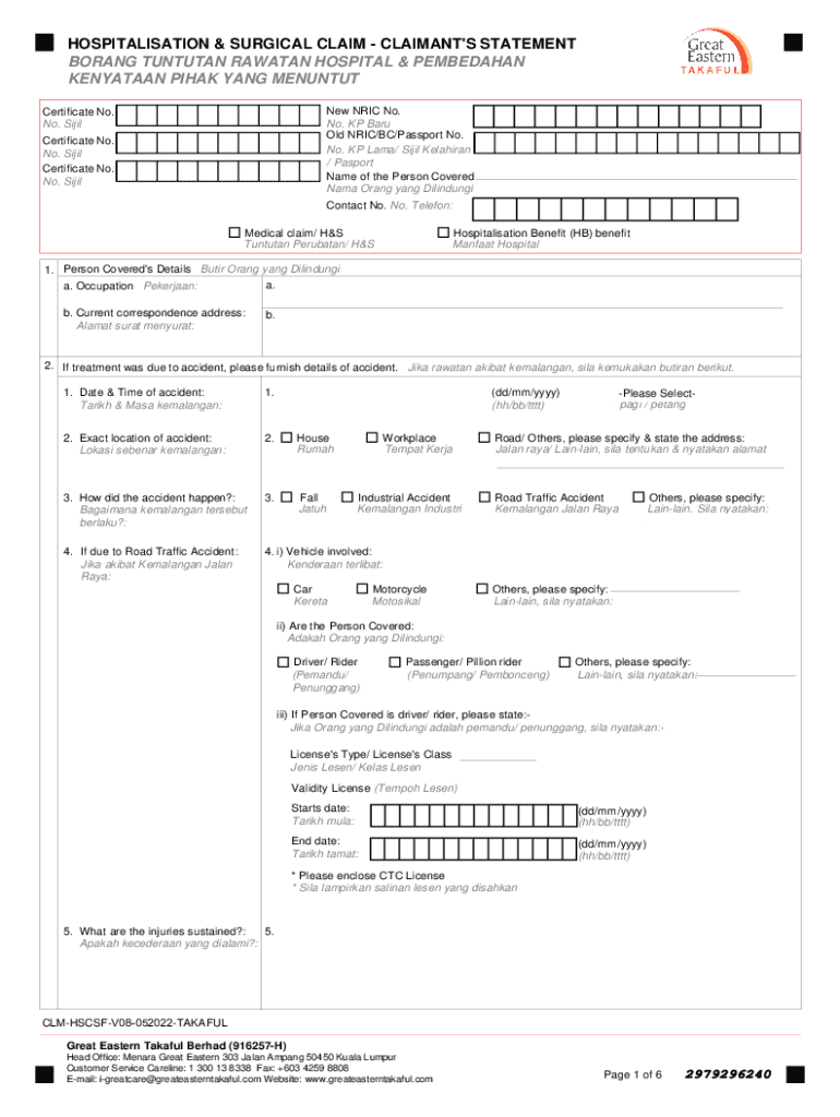 Fillable Online Hospitalisation & Surgical Claims Claimant Statement ...