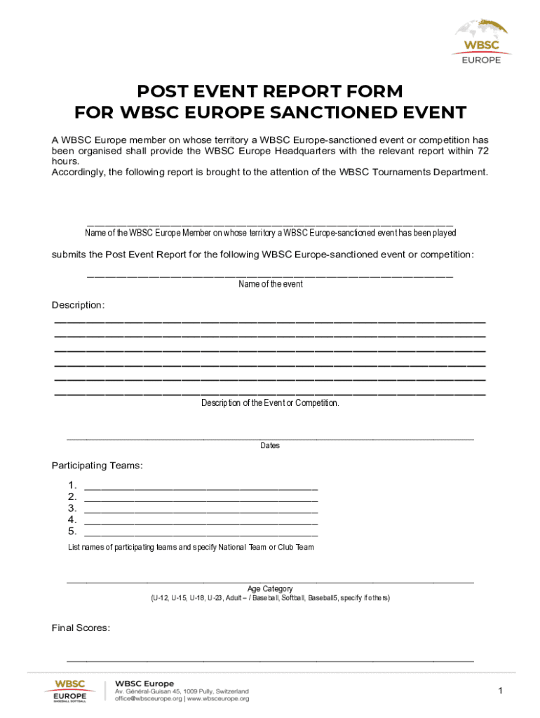 Fillable Online POST EVENT REPORT FORM FOR WBSC EUROPE ... Fax Email ...