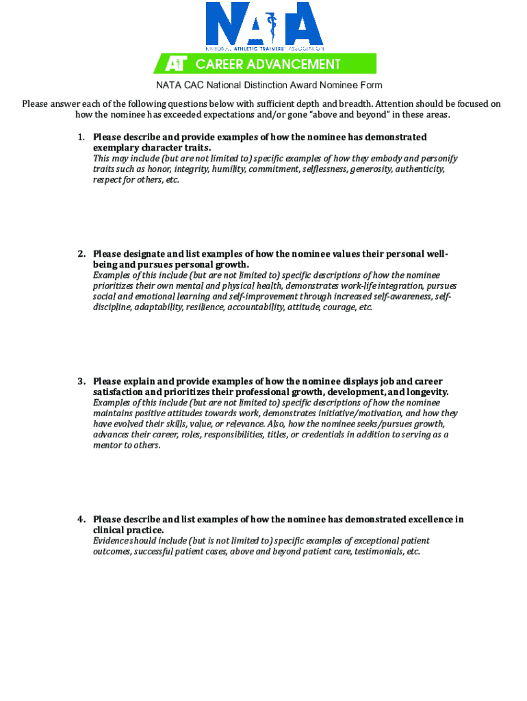 Fillable Online NATA CAC National Distinction Award Nomination Form Fax ...
