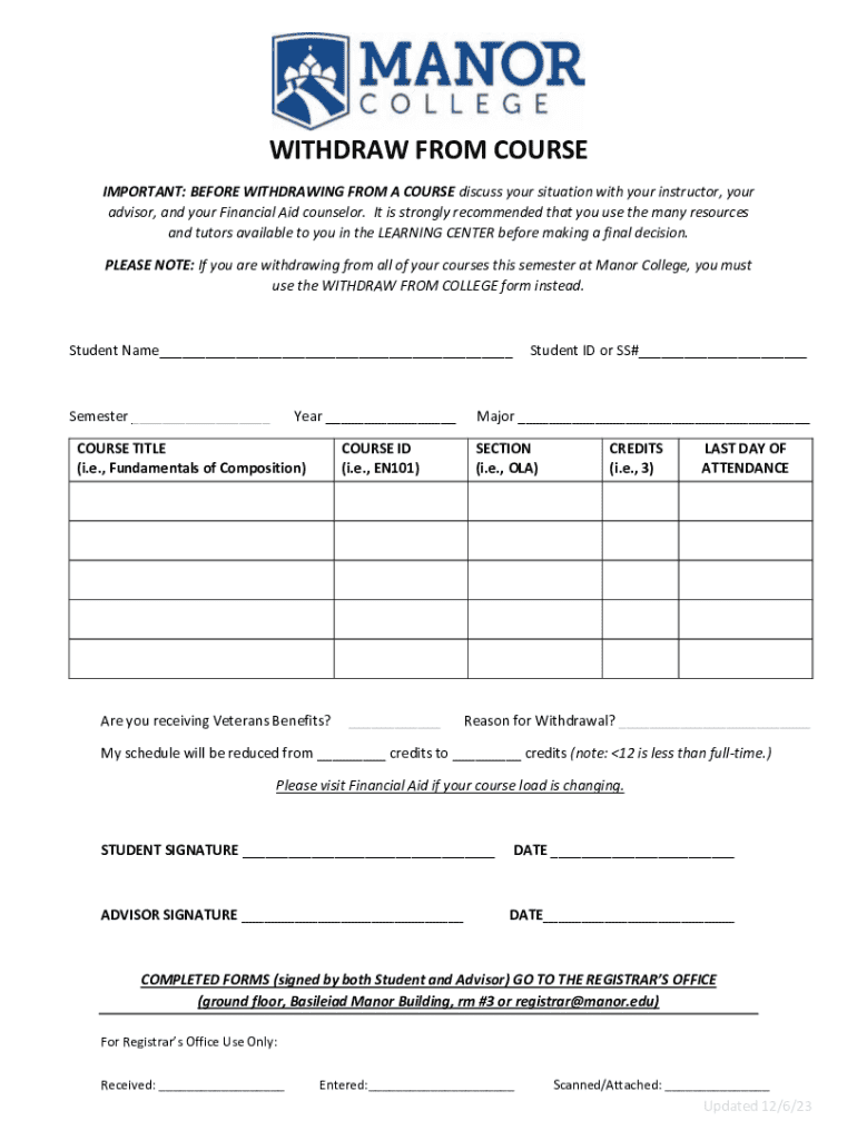 Fillable Online Withdrawing from a course Students should consult their ...
