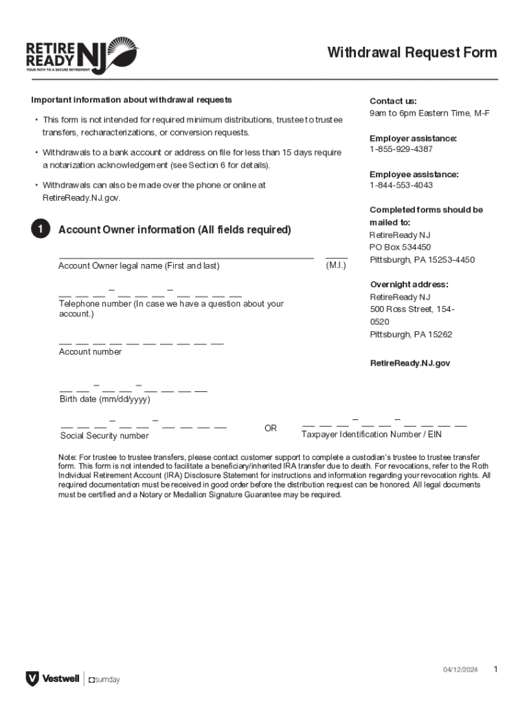 Fillable Online Withdrawal Request Form - NJ.gov Fax Email Print - pdfFiller