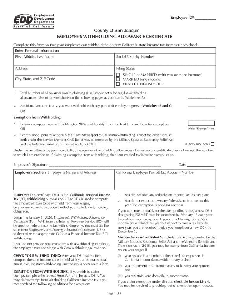 Fillable Online Employee's Withholding Allowance Certificate (DE 4 ...