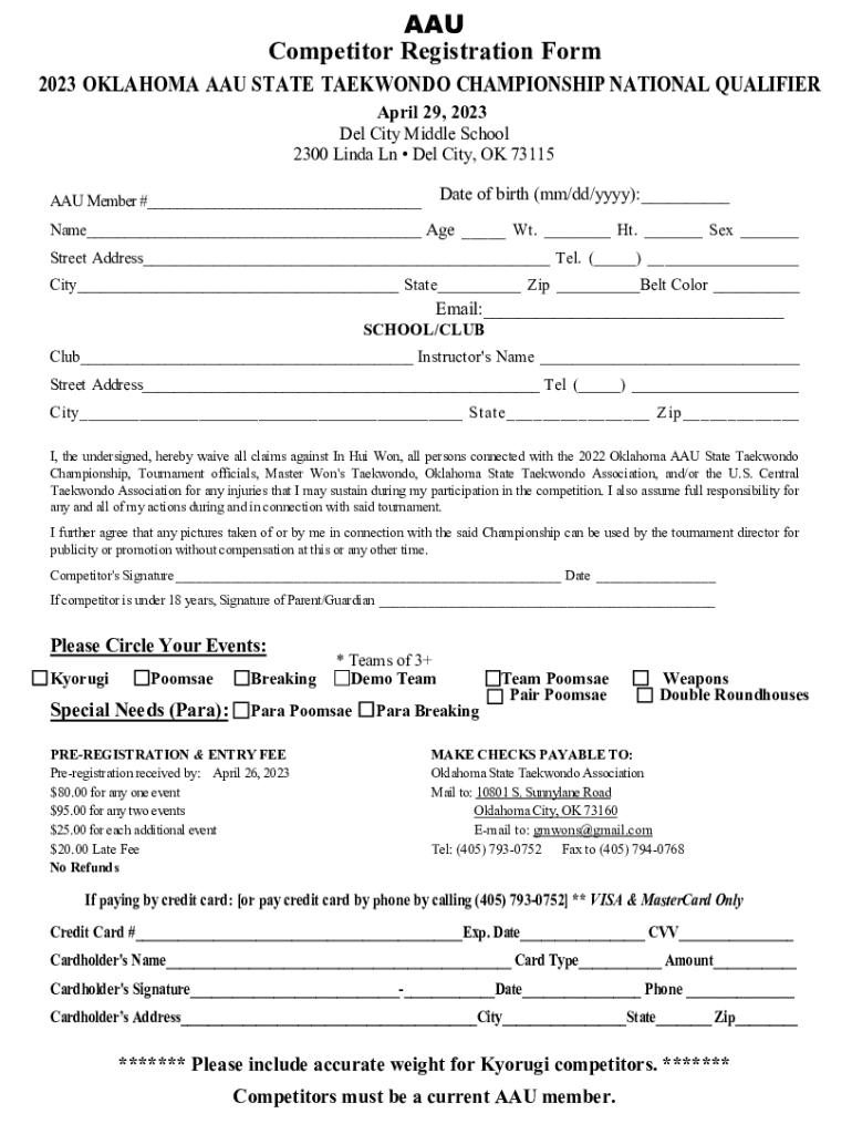 Fillable Online Oklahoma State AAU Championship National Qualifiers ...