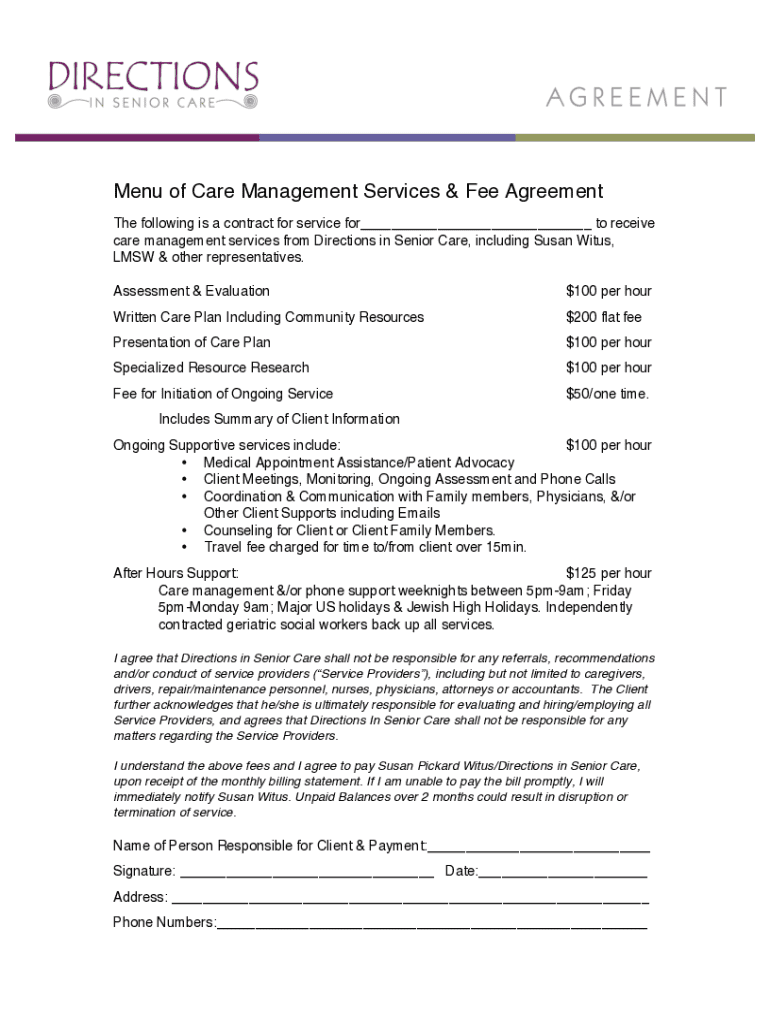Fillable Online Menu of Care Management Services & Fee Agreement Fax ...
