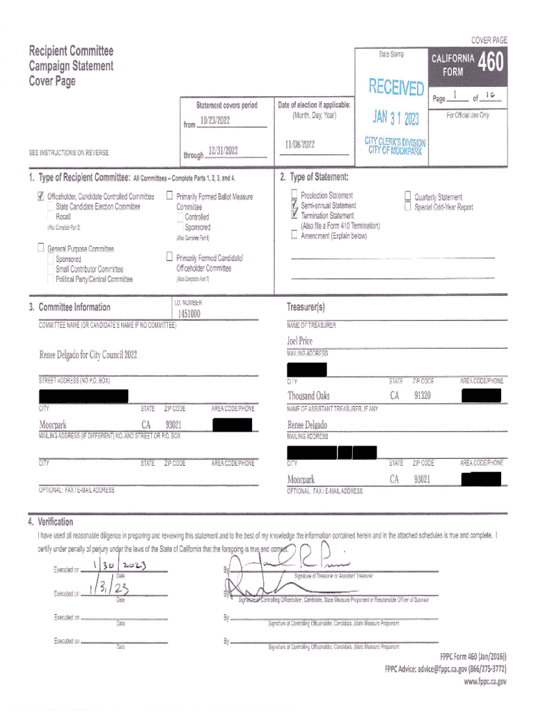 Fillable Online Form 460 Campaign Statement for Renee Delgado - 10/23 ...