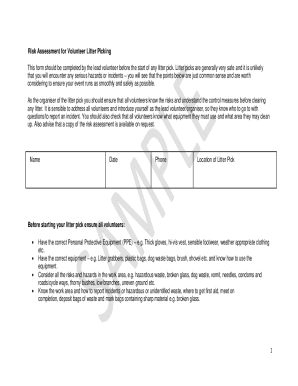 Fillable Online 1 Risk Assessment for Volunteer Litter Picking This ...