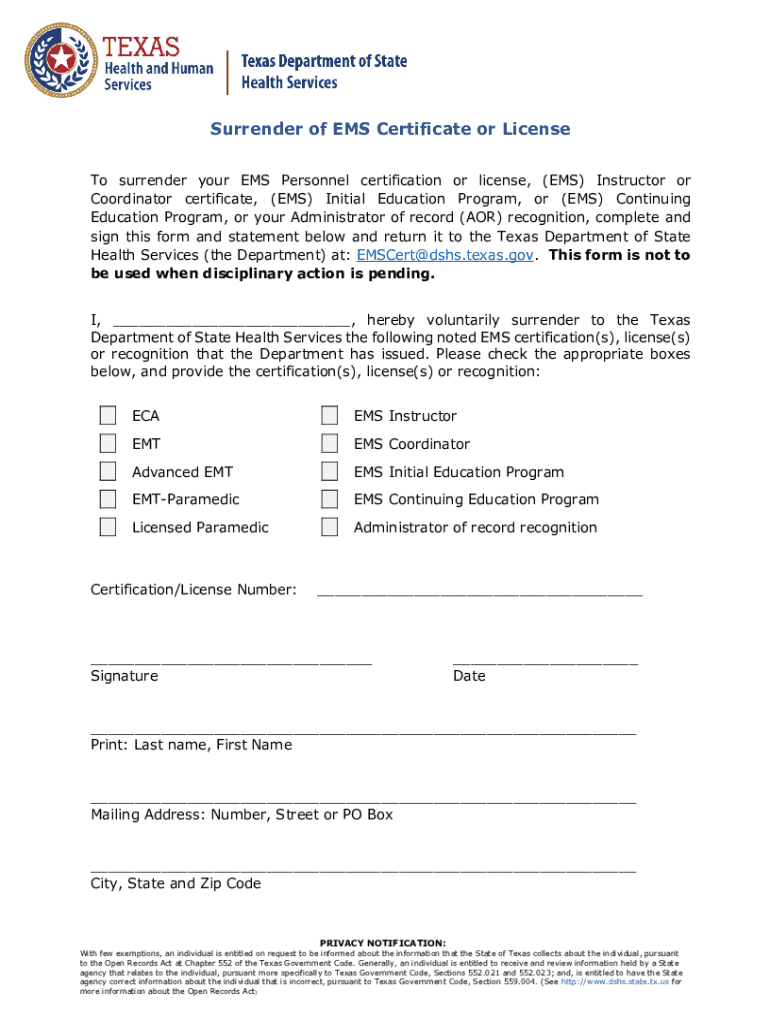 Fillable Online Texas DSHS Surrender of EMS Certificate or License Fax ...