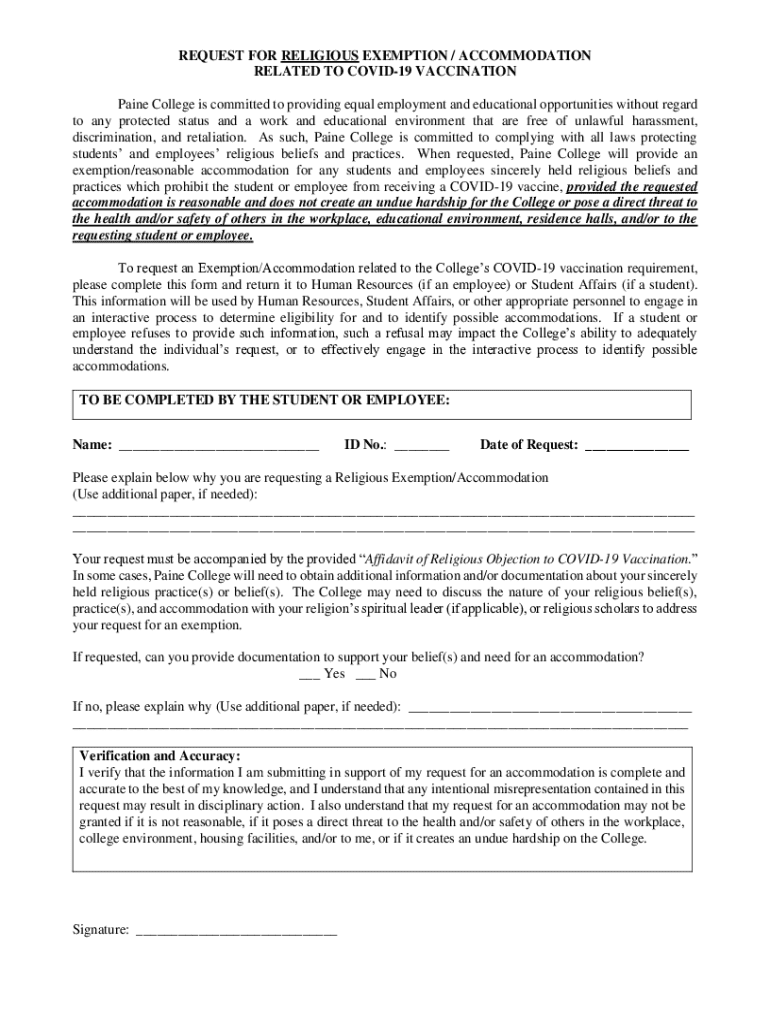 Fillable Online request for religious exemption or accommodation Fax ...